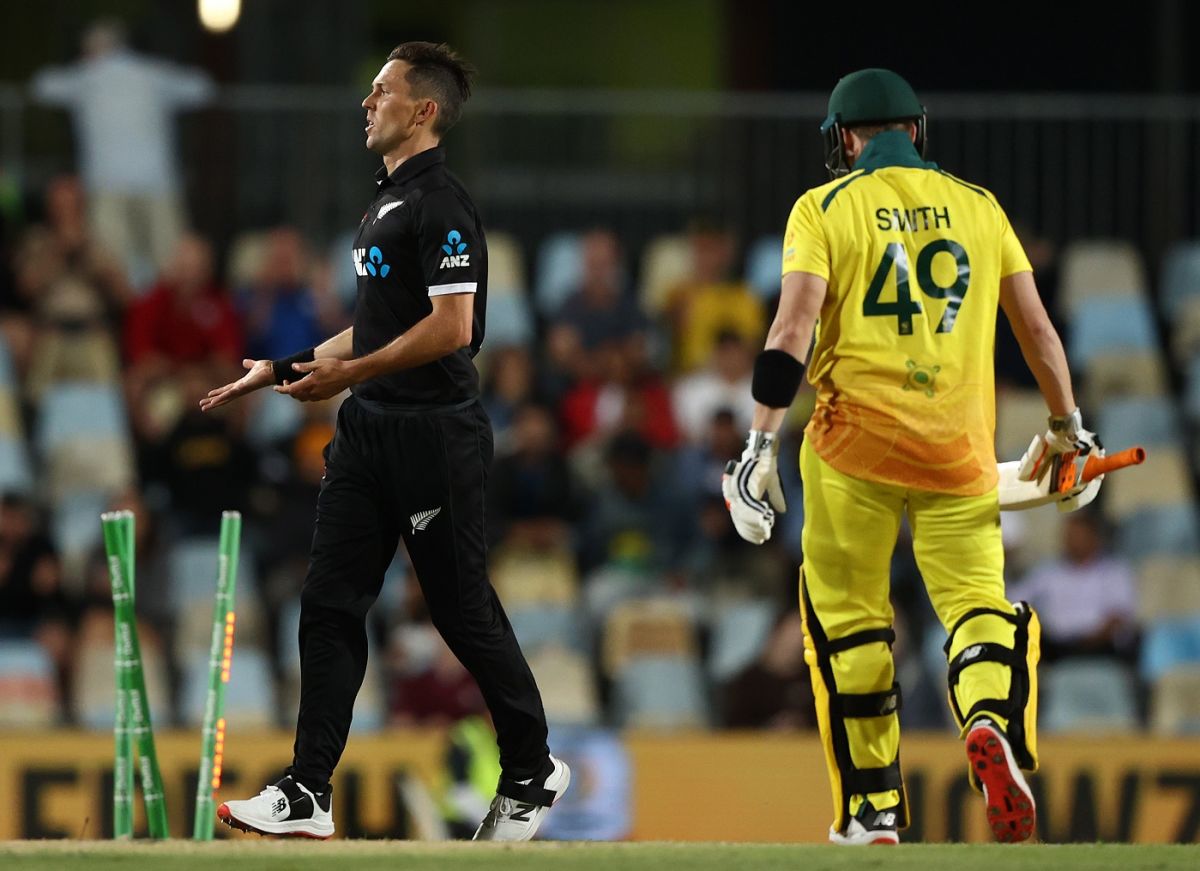 Trent Boult celebrates after making a mess of Steven Smith's stumps ...