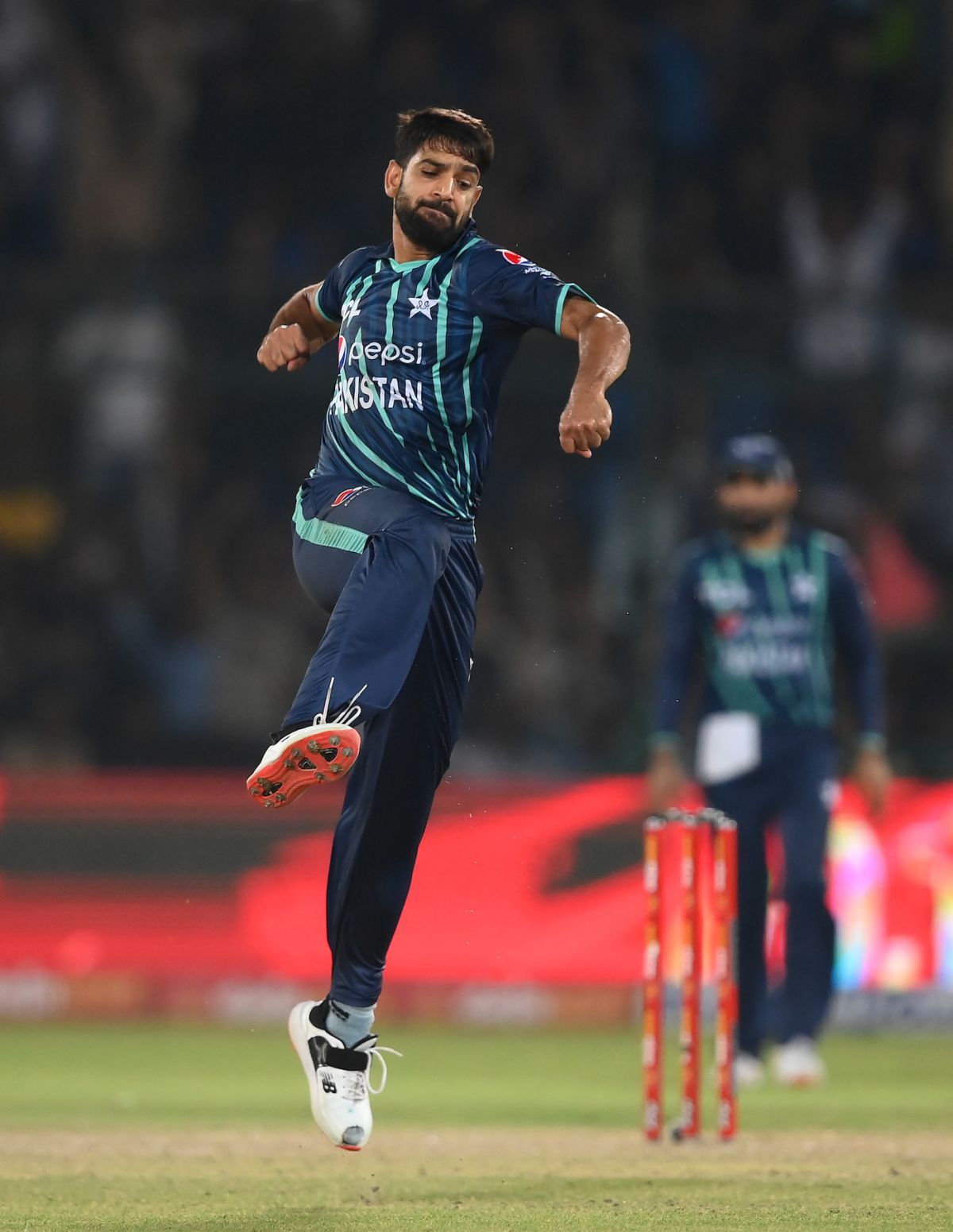 Haris Rauf celebrates after picking up the wicket of Olly Stone ...