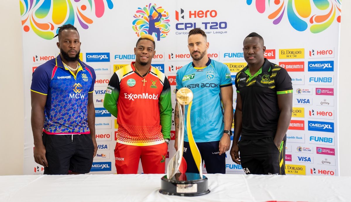 Kyle Mayers, Shimron Hetmyer, Faf du Plessis and Rovman Powell pose ...