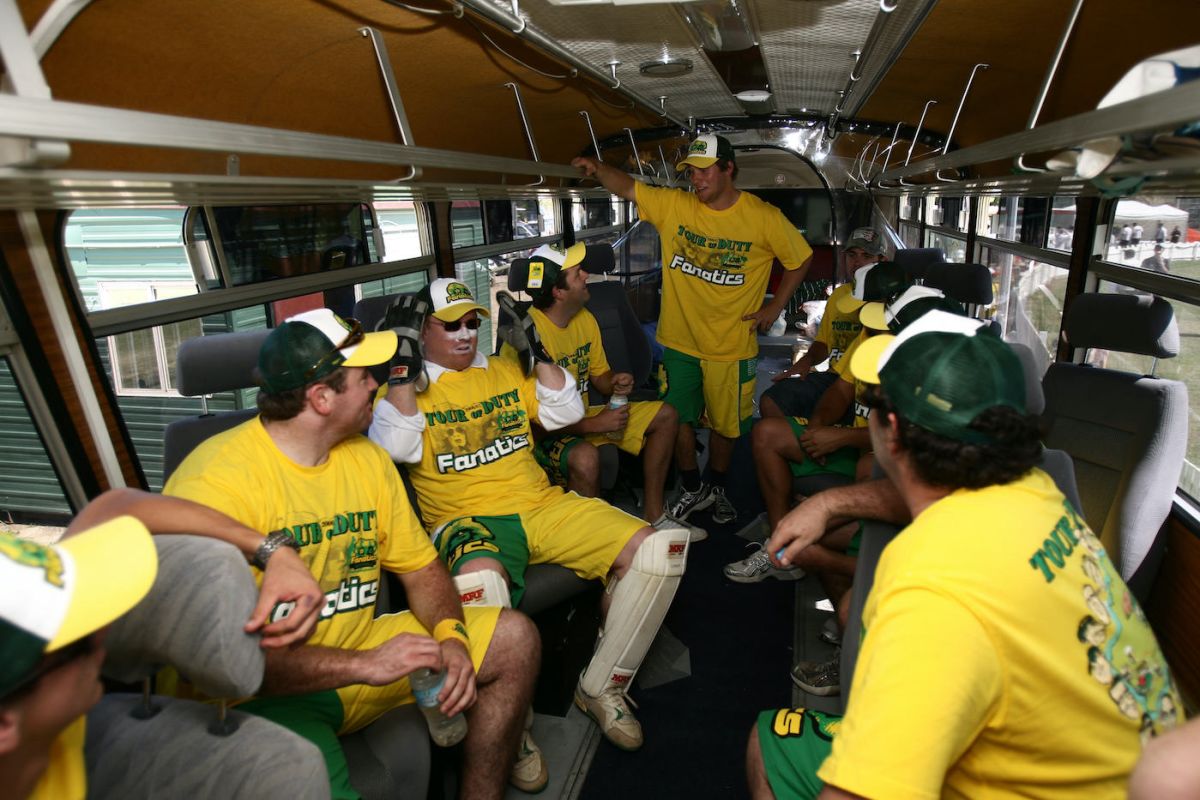 Cricket fans The Fanatics for the Bashes have a pep talk aboard the ...