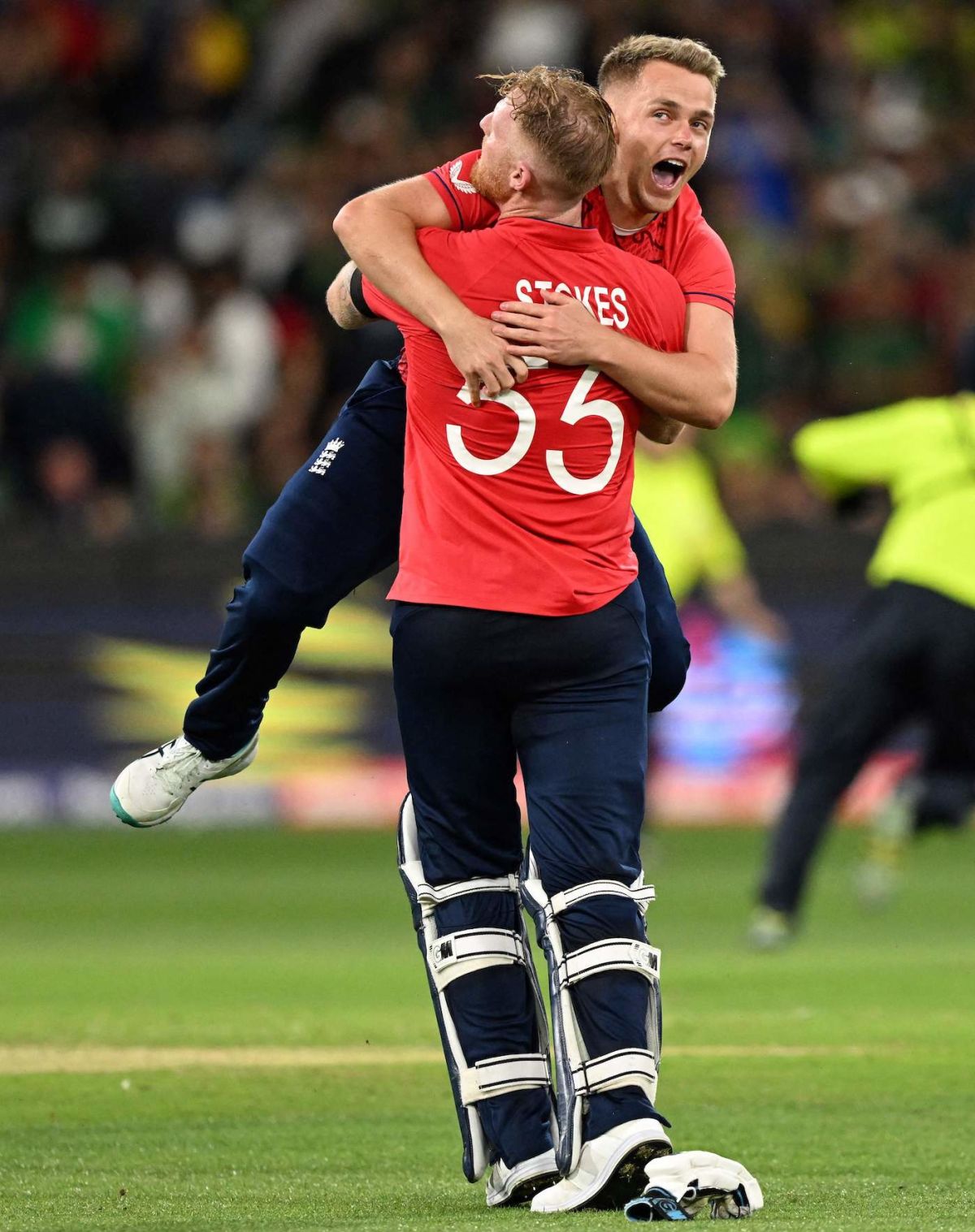 Sam Curran, player of the match, celebrates with Ben Stokes, the man of ...