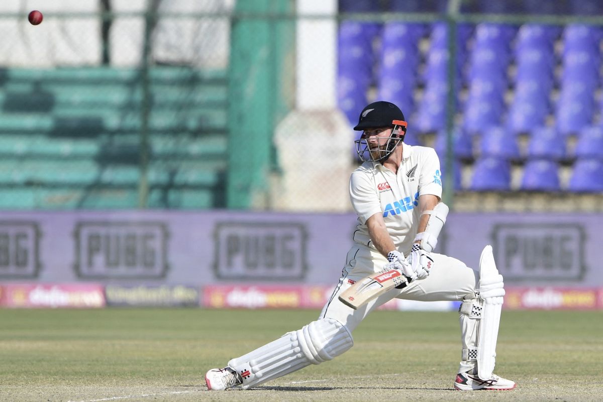 Abrar Ahmed playfully lifts Kane Williamson's bat in the air ...