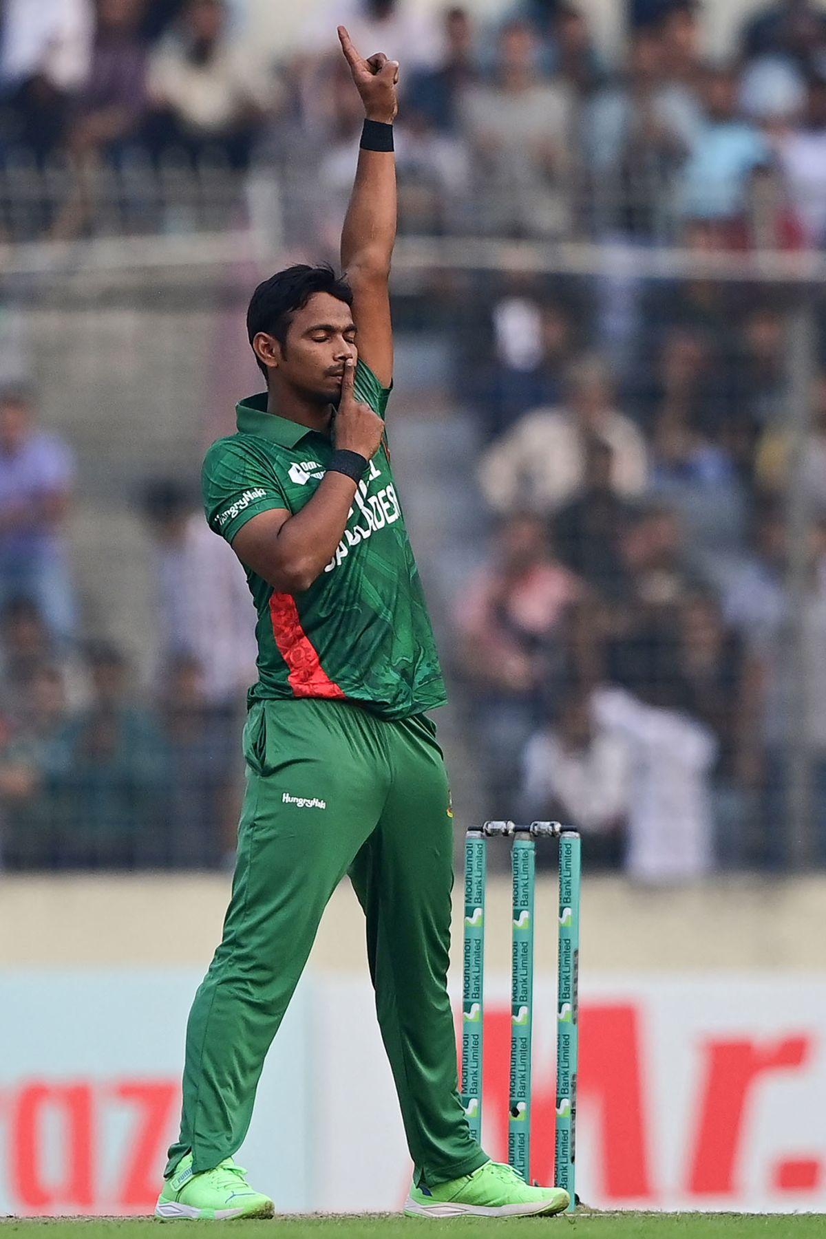 Tanvir Islam celebrates his first-over dismissal of Phil Salt ...