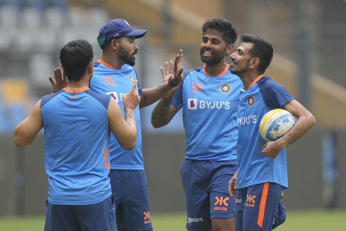 Ishan Kishan, Mohammed Siraj, Suryakumar Yadav and Yuzvendra Chahal at a training session ...
