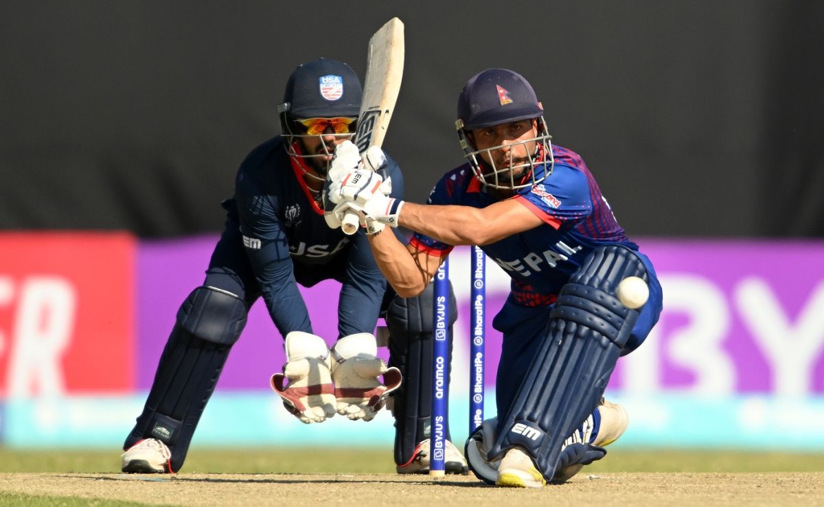 Bhim Sharki watches the ball to play the sweep | ESPNcricinfo.com