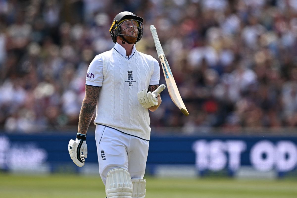 Ben Stokes throws his bat in the air after being dismissed ...