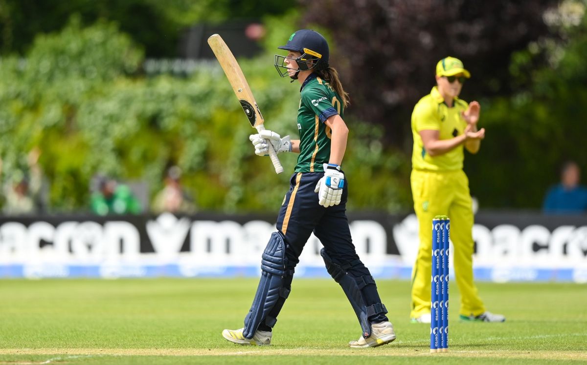 Orla Prendergast raises her bat after scoring a half-century ...