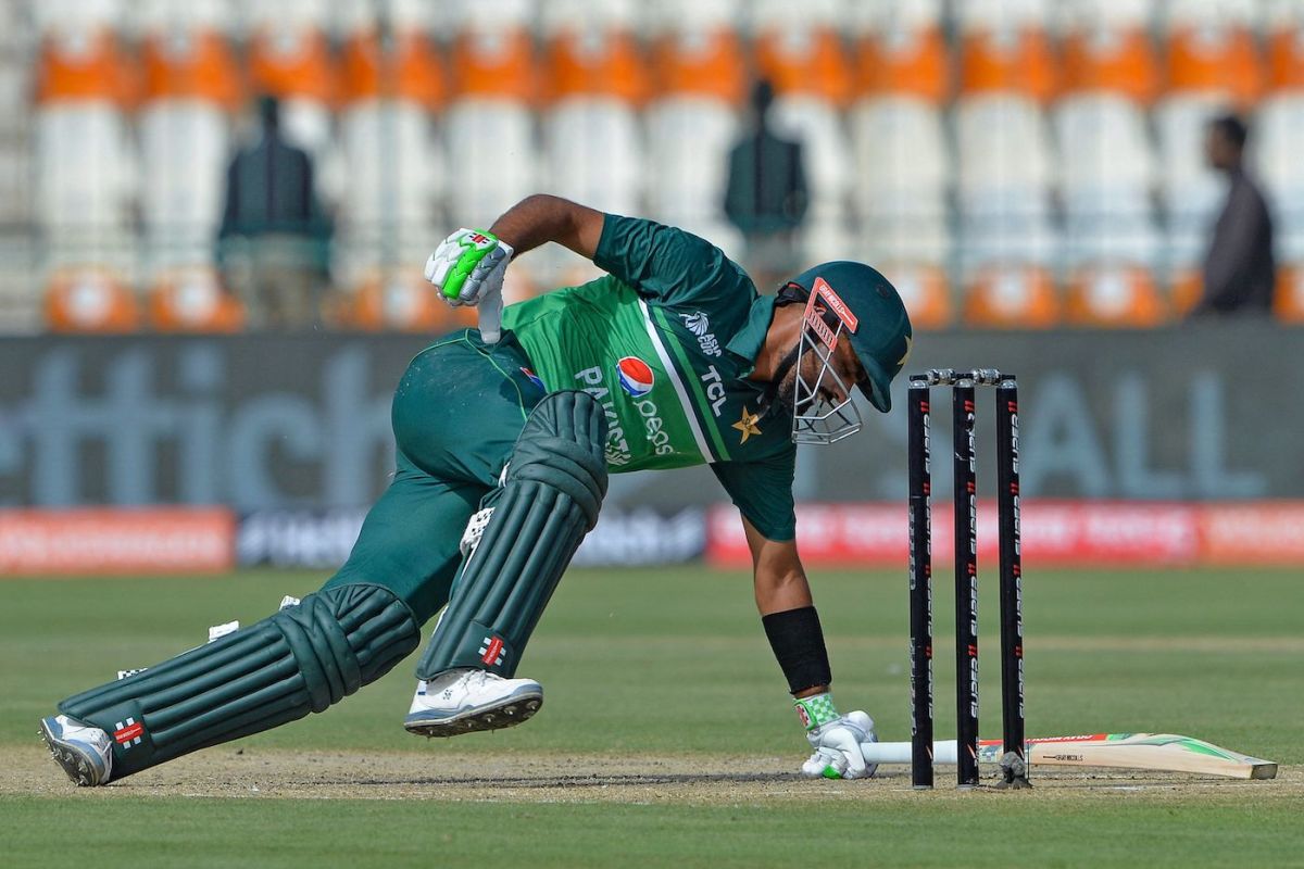 Babar Azam looks to ride the bounce while playing a short ball ...
