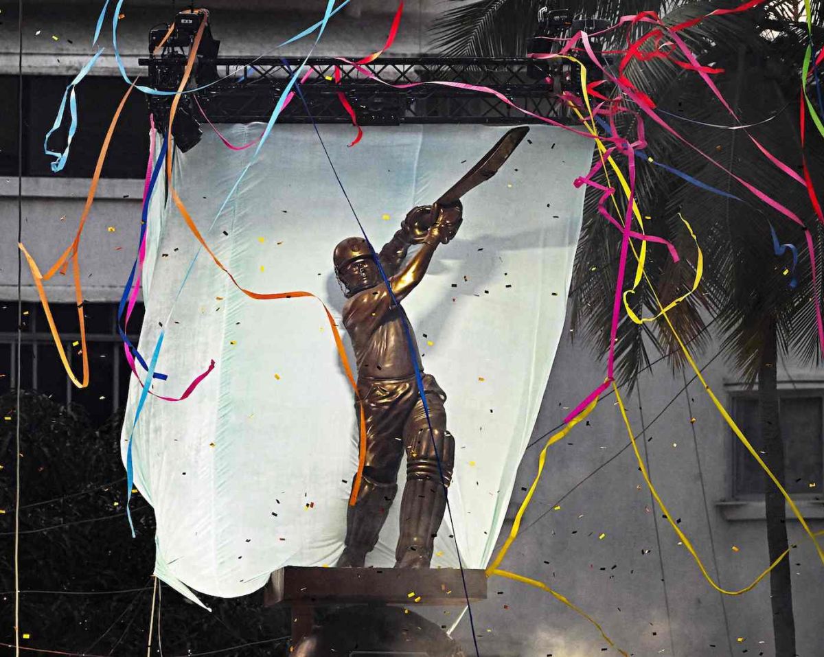 Sachin Tendulkar at the unveiling of his statue at the Wankhede Stadium ...