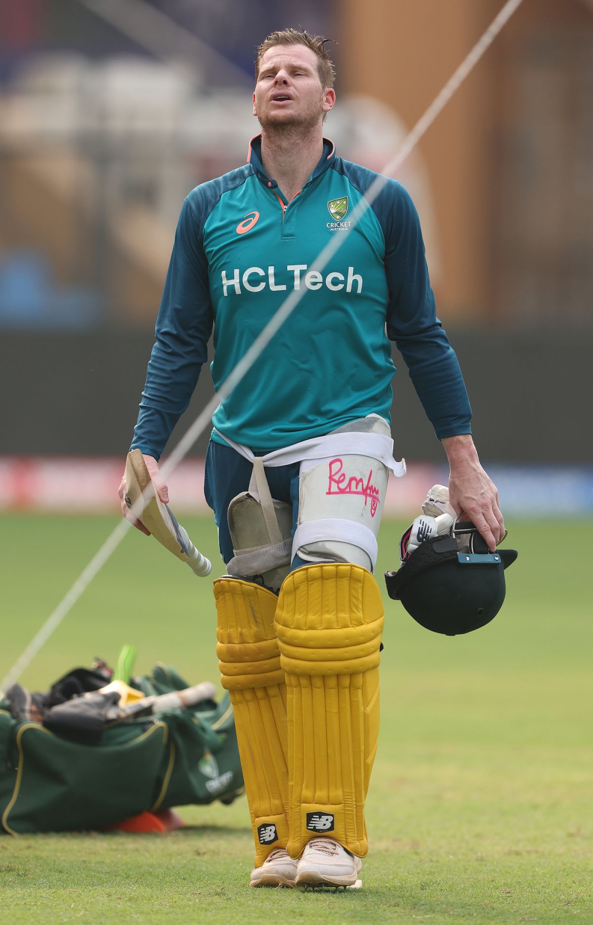 Steven Smith leaves the nets after a hit, looking a bit worse for wear ...