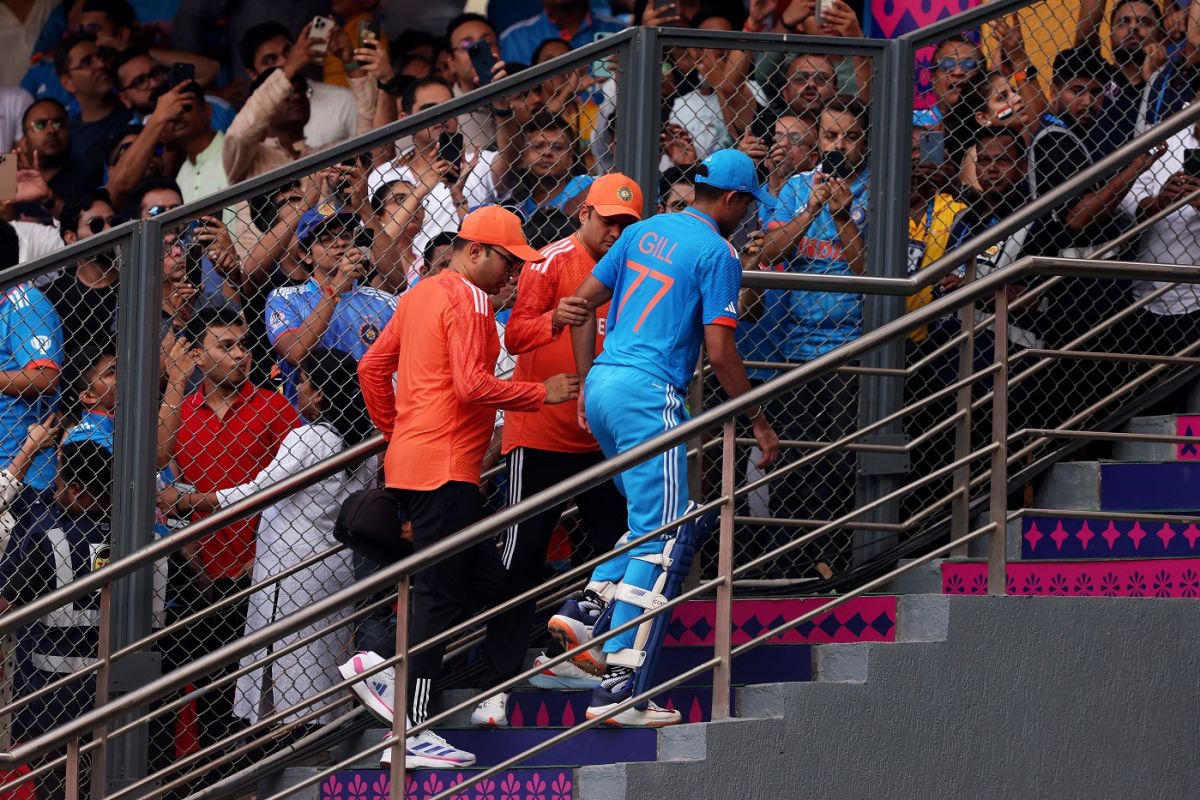 Shubman Gill was helped up the stairs after his injury | ESPNcricinfo.com