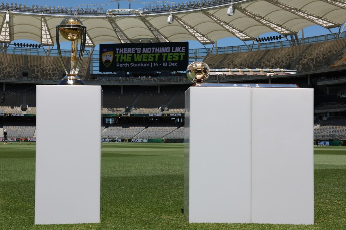 Australia's World Cup trophy and the WTC mace on display at the Optus ...