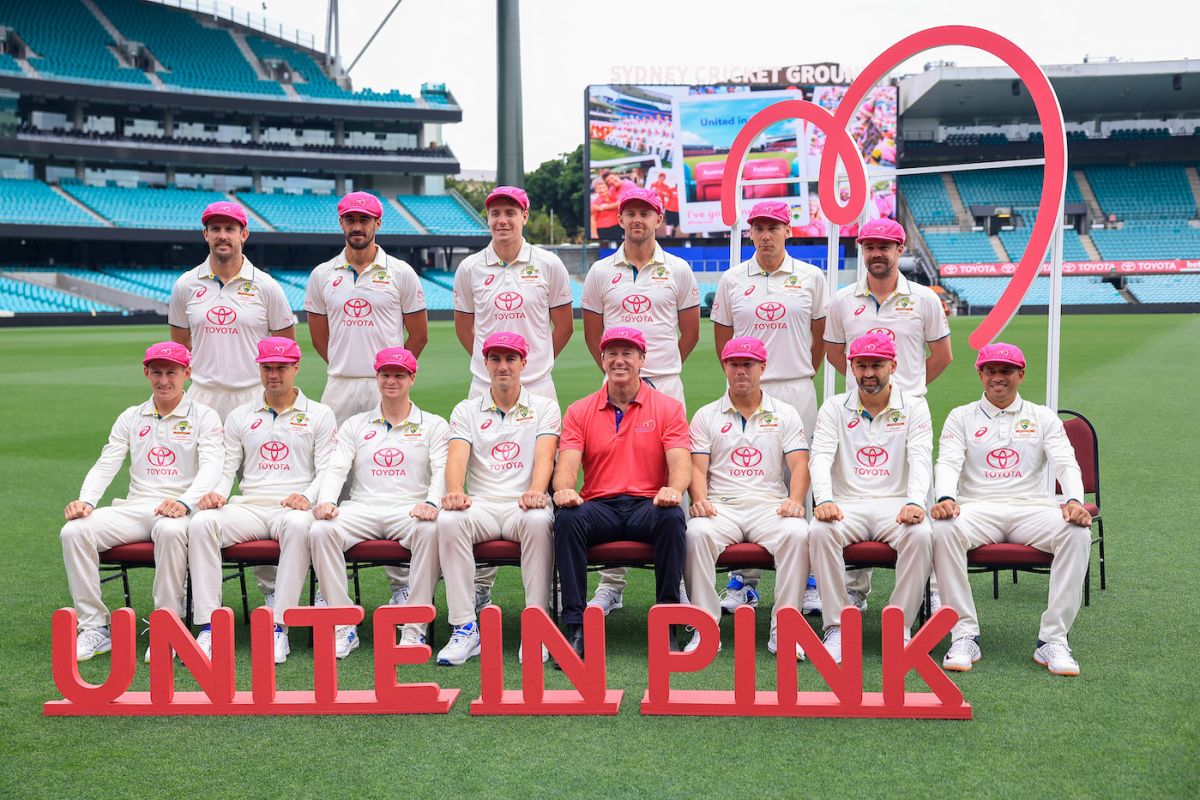 Glenn McGrath poses with the Australia team for the Unite in Pink ...