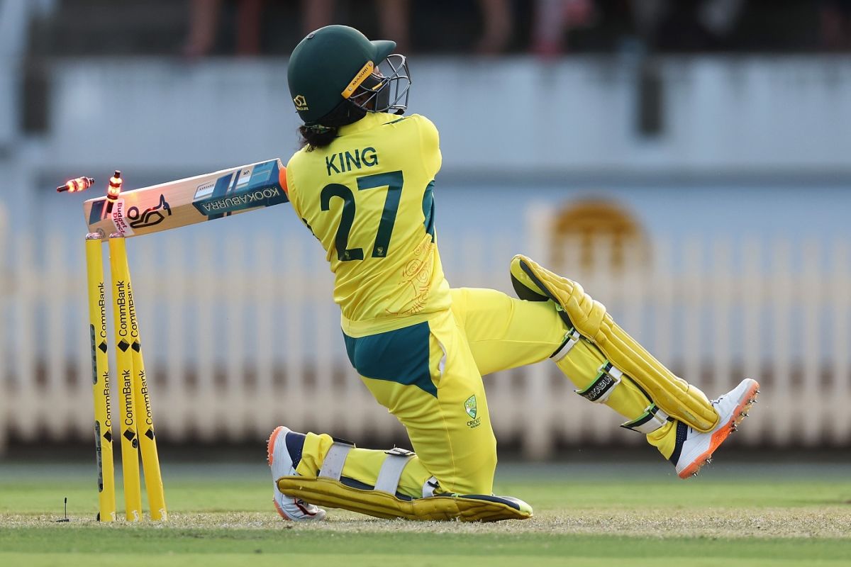 Alana King knocked her stumps over while hitting a ball that was above ...