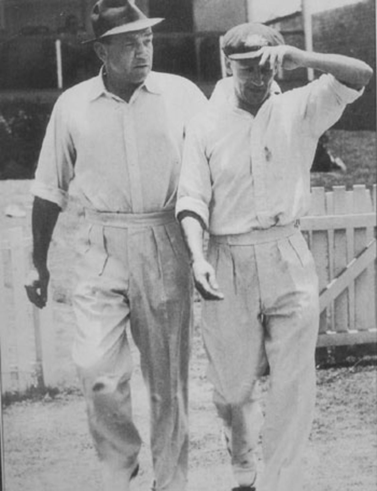 Wally Hammond and Don Bradman go out to toss at the start of the 1946 ...
