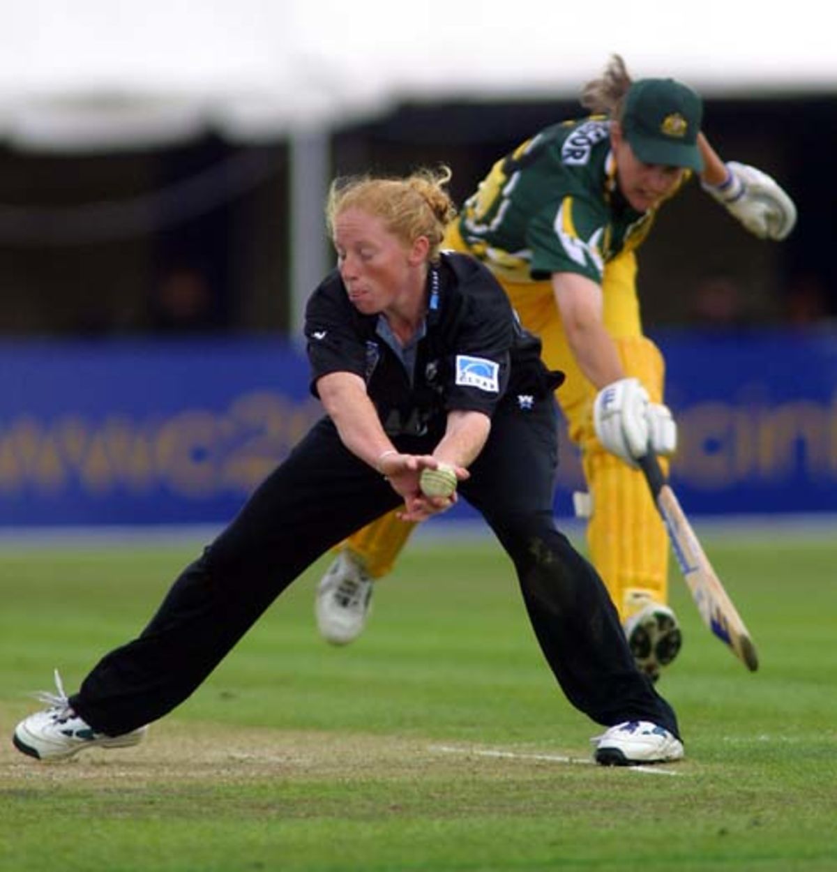 Australian Cathryn Fitzpatrick looks at the stumps and the missing bail ...