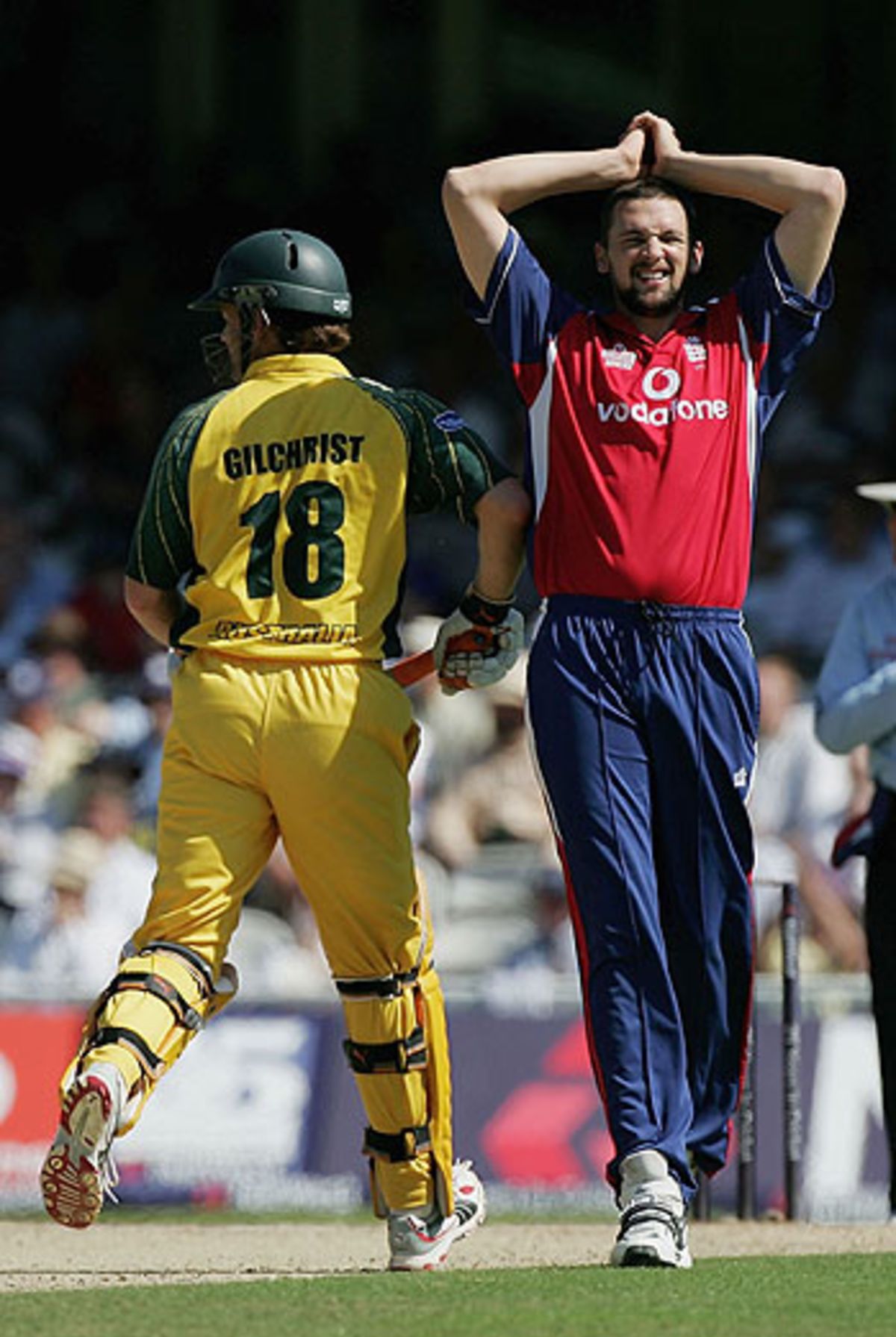 Steve Harmison grimaces as Adam Gilchrist adds to his tally ...