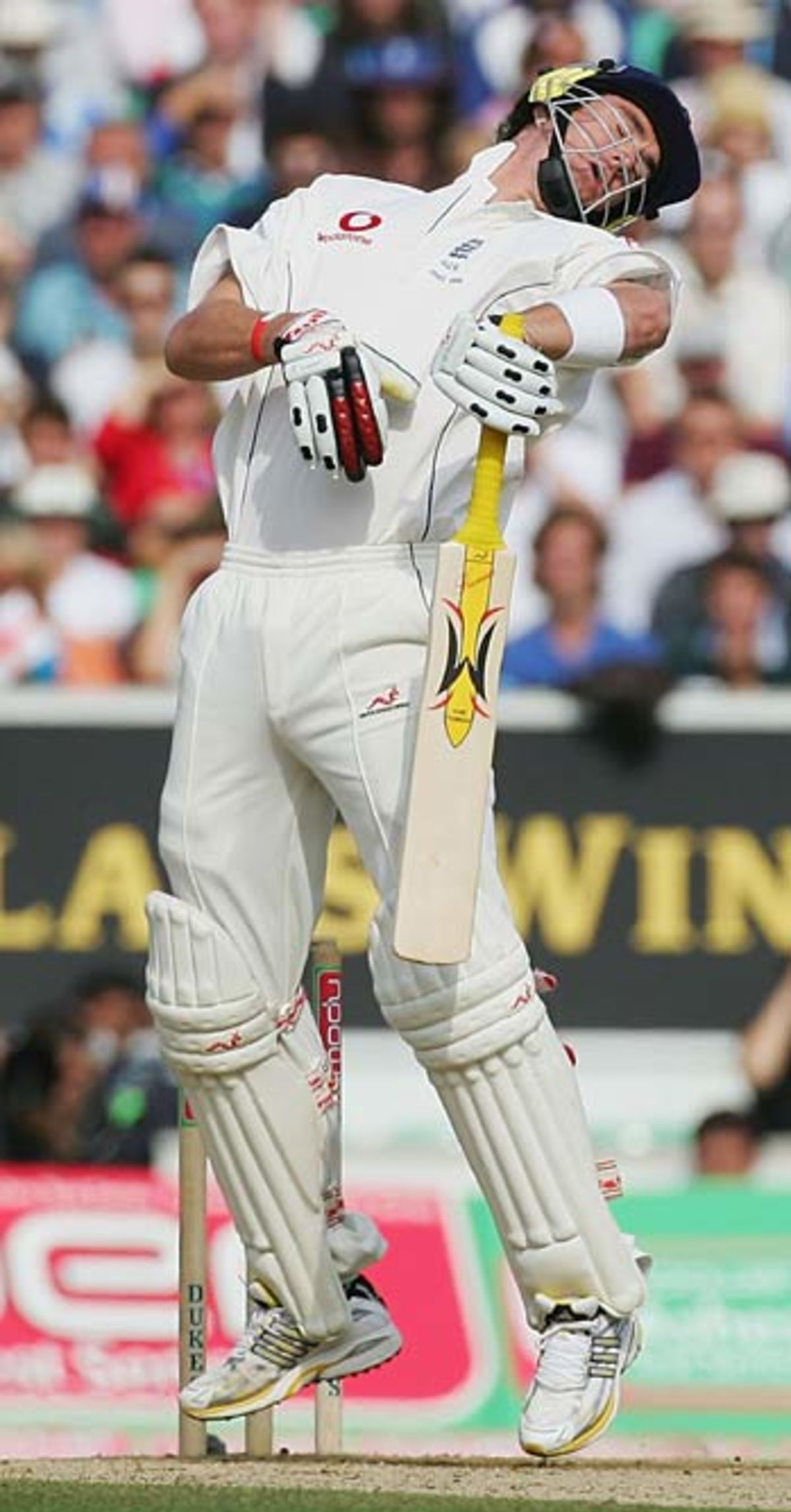 Kevin Pietersen sways out of the way of the hat-trick ball from Glenn ...