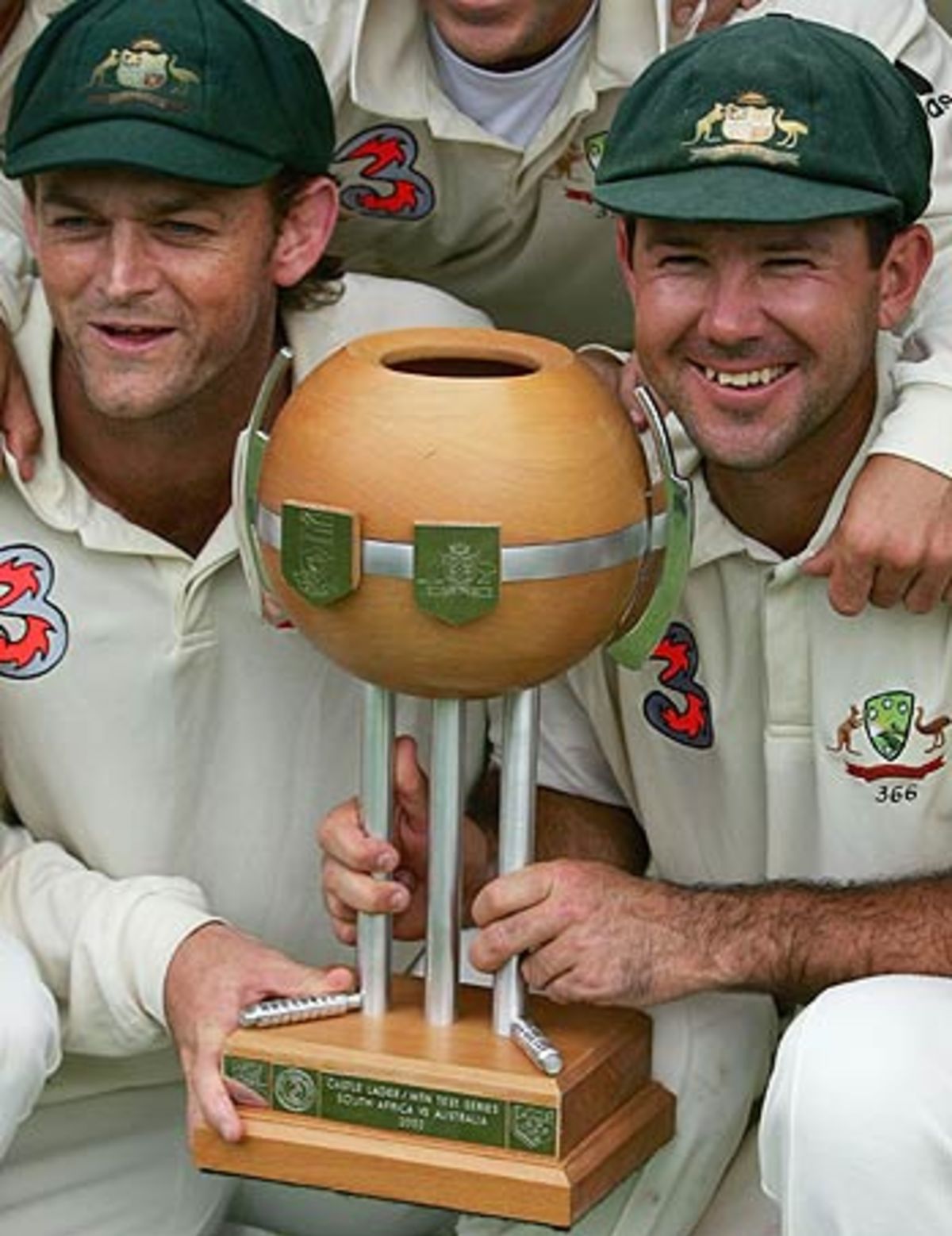 Adam Gilchrist and Ricky Ponting pose with the series trophy ...