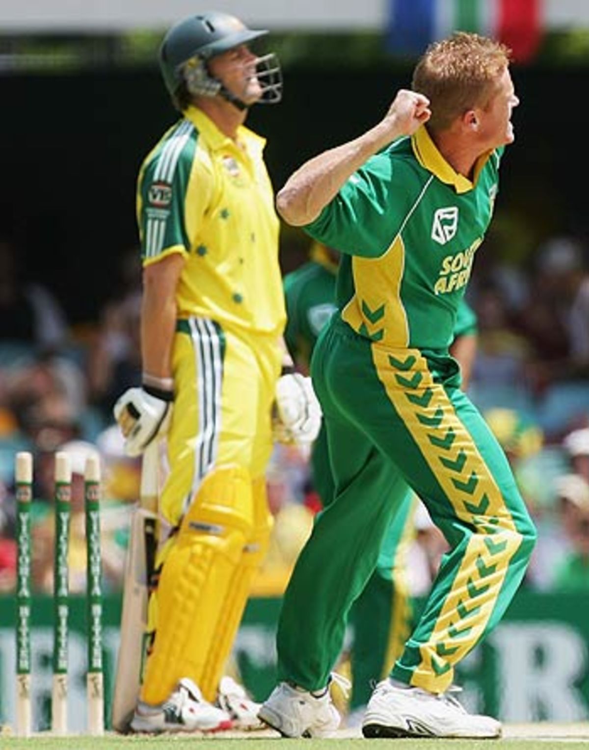 Adam Gilchrist is dismayed after being bowled off the first ball ...