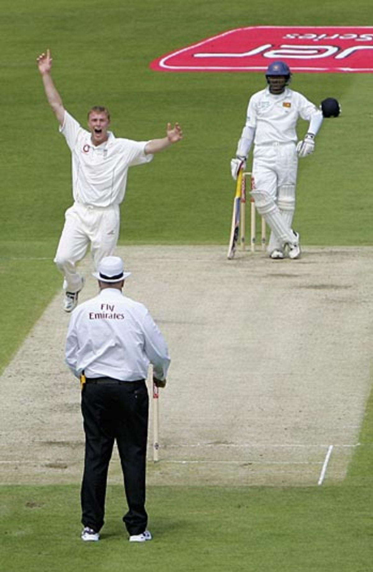 Jon Lewis bowls Michael Vandort with his third ball in Test cricket ...
