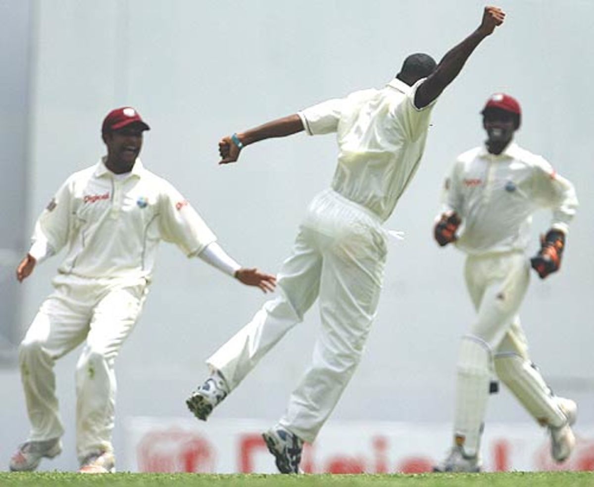 Corey Collymore celebrates Virender Sehwag's wicket | ESPNcricinfo.com