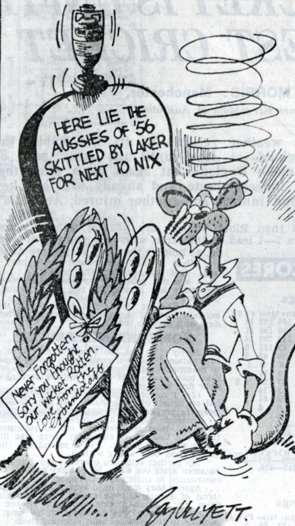 Roy Ullyett cartoon in The Daily Express celebrates Laker's achievement ...