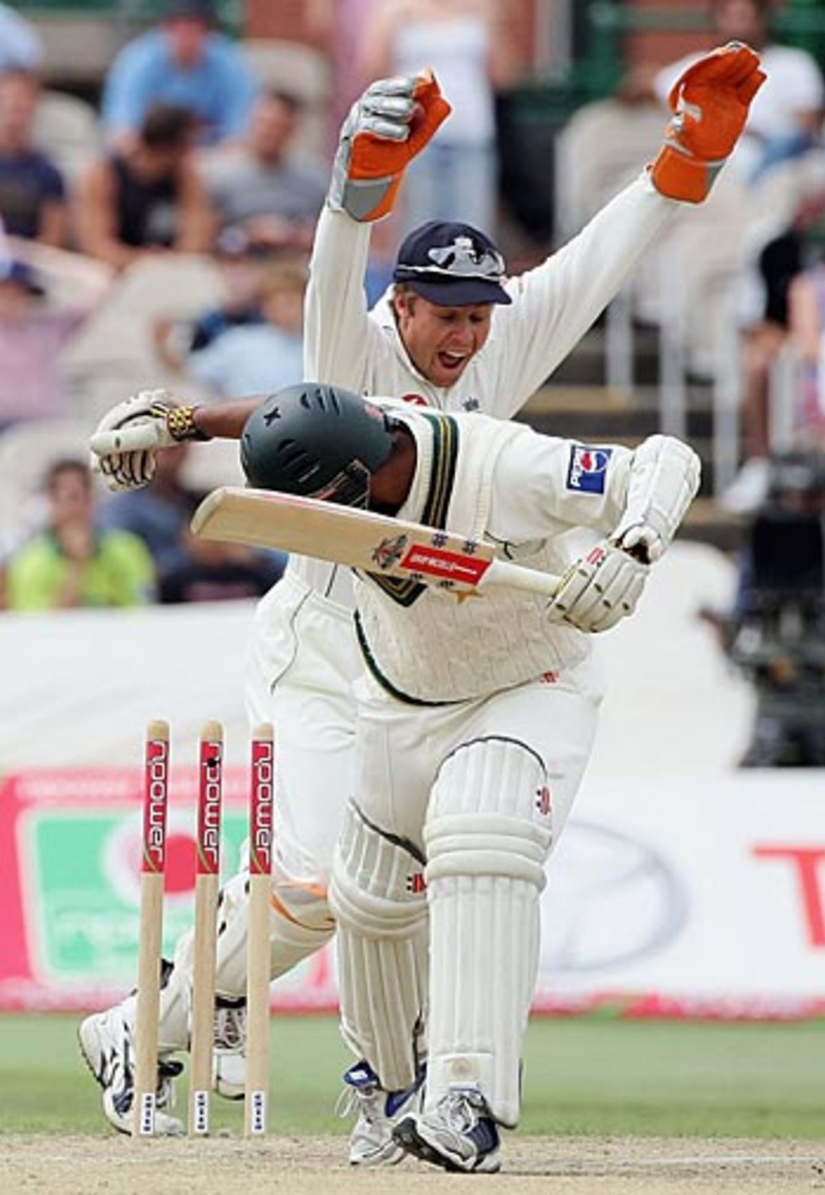 Geraint Jones pulls off a neat stumping to remove Mohammad Yousuf with the first delivery after ...