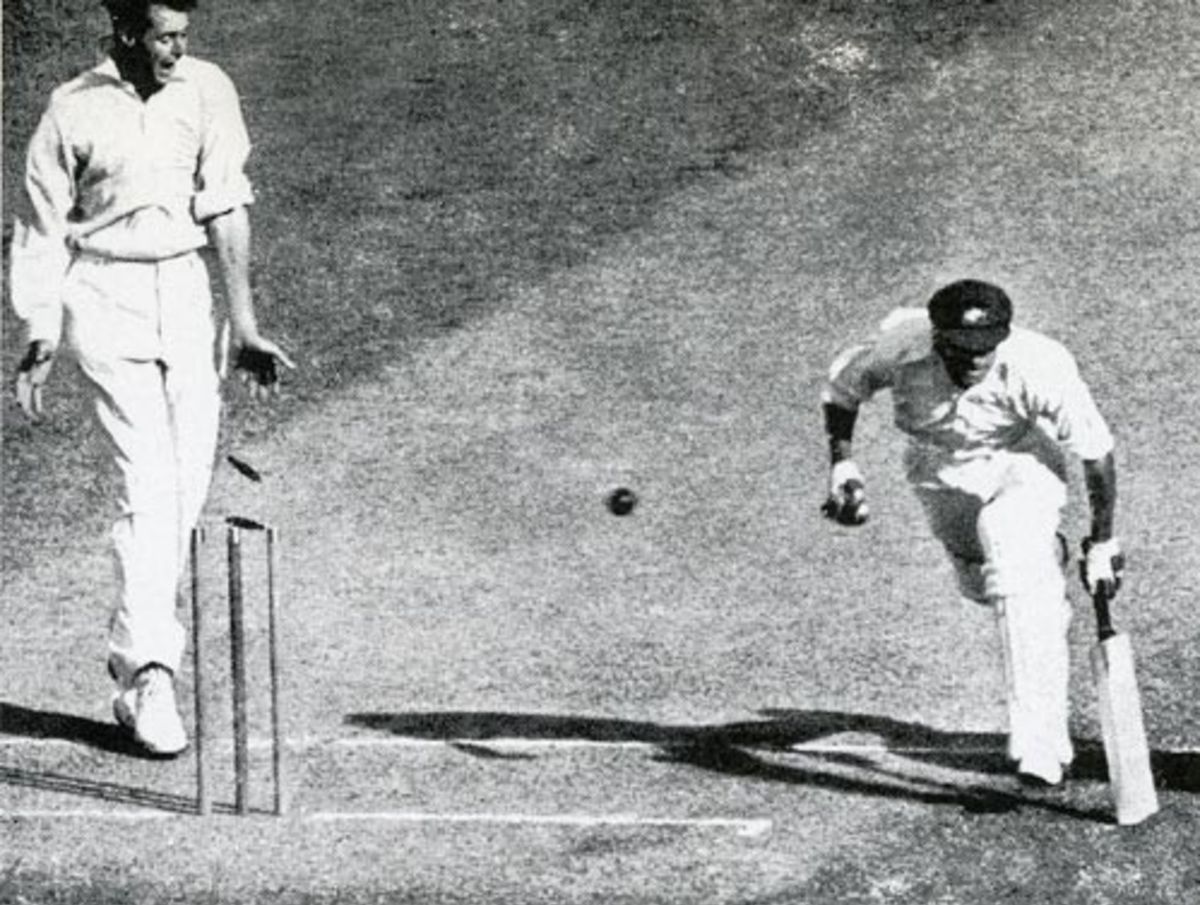 Don Bradman survives a direct hit from Joe Hardstaff on his way to 169 ...
