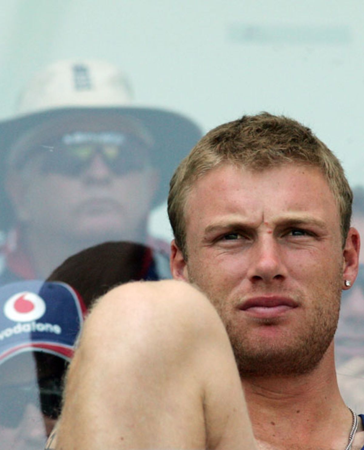 Andrew Flintoff surveys the wreckage as Duncan Fletcher looks on ...