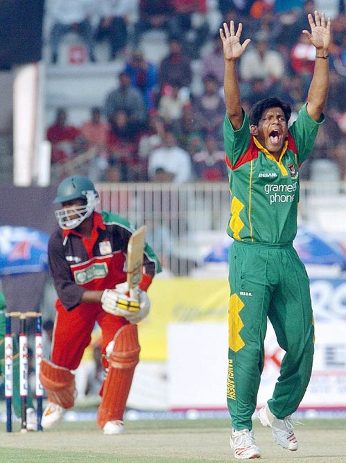 Mohammad Rafique successfully appeals for the wicket of Elton ...