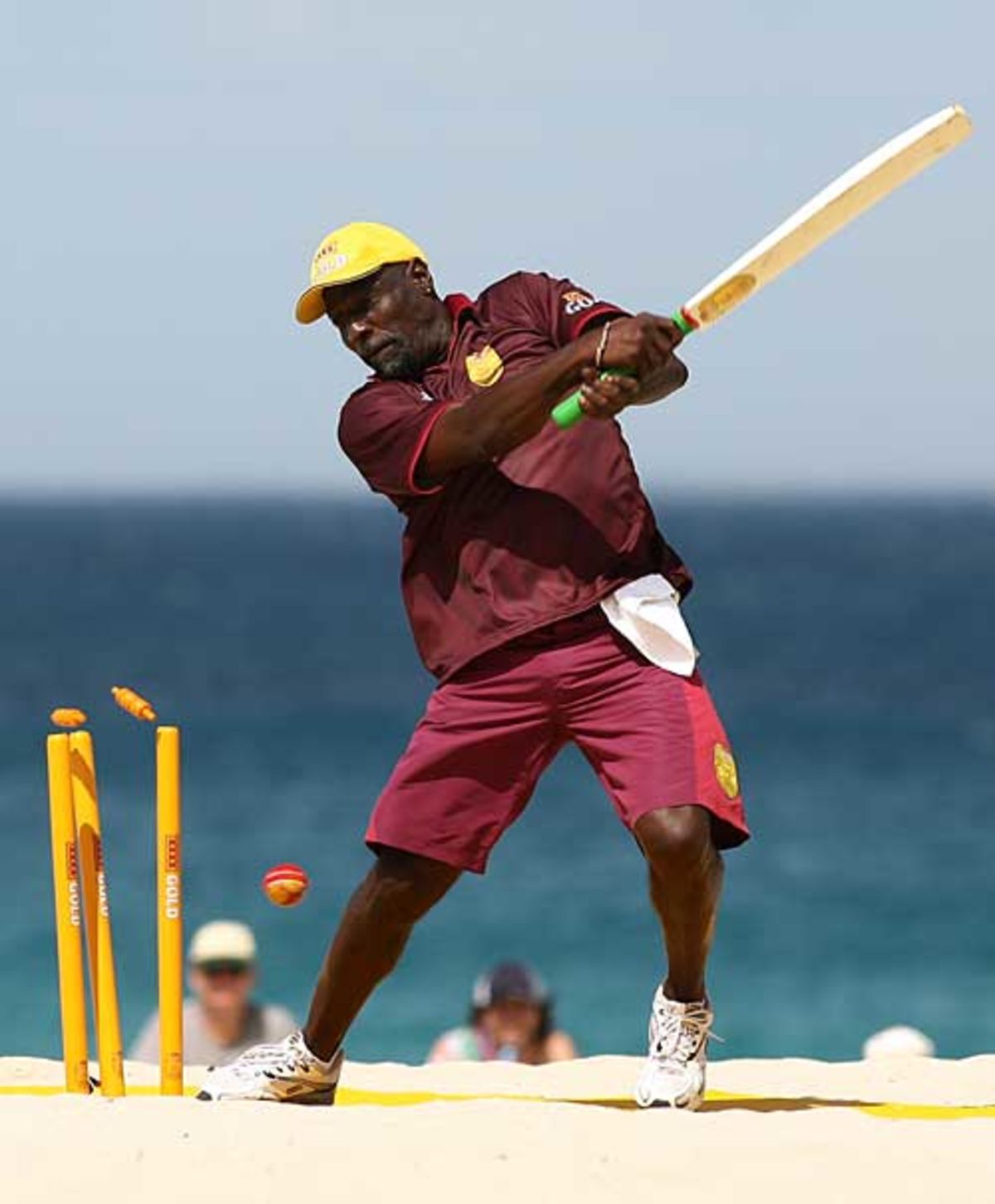 Courtney Walsh celebrates Graham Gooch's wicket during the beach ...