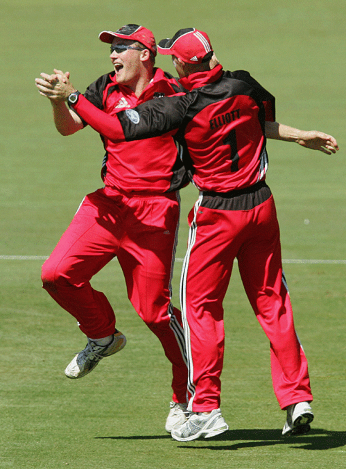 Nathan Adcock and Matthew Elliott celebrate the dismissal of Adam Voges ...