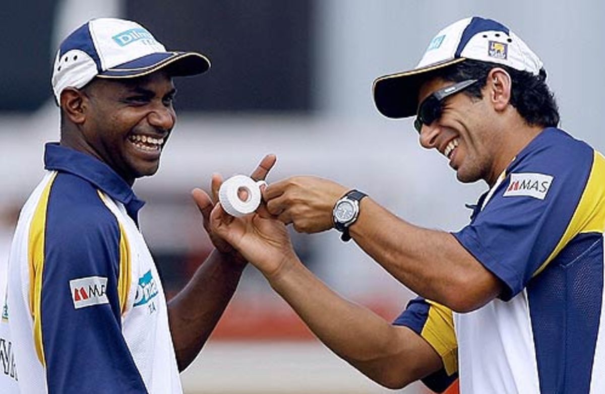 Sanath Jayasuriya and physio Tommy Simsek share a light moment ...