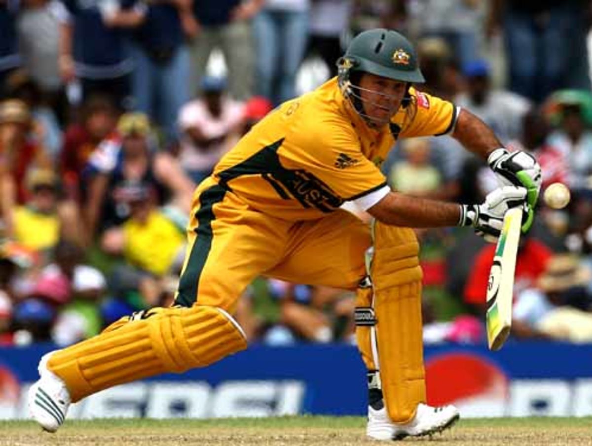 Ricky Ponting drives on his way to his fourth World Cup century ...