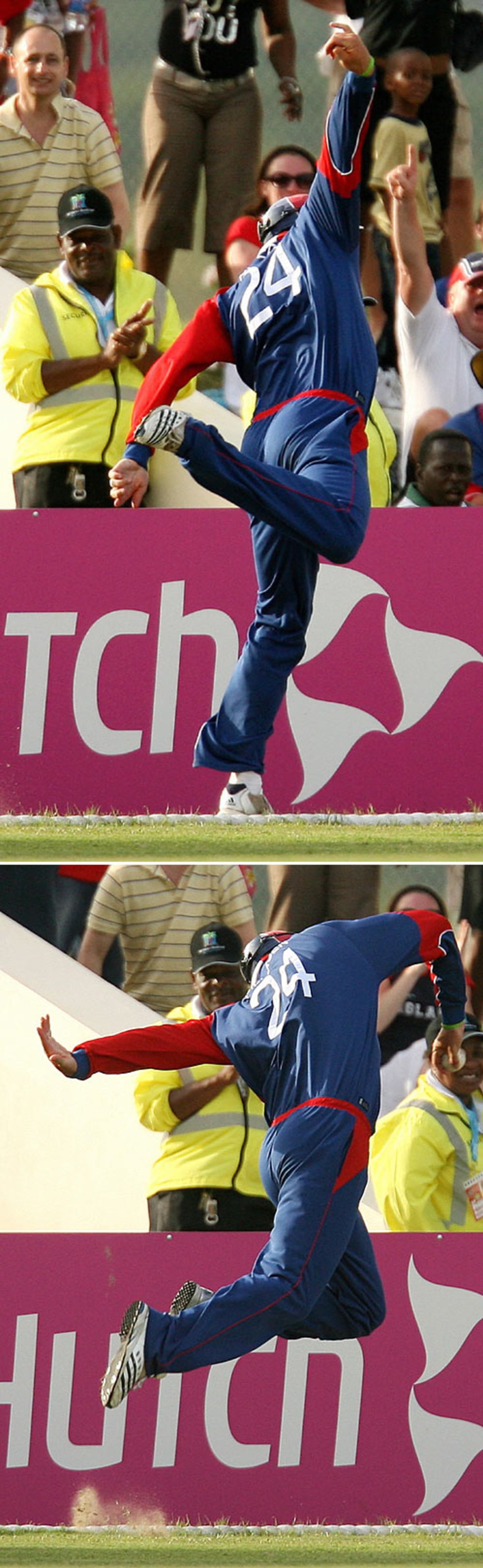 Two shots of Kevin Pietersen taking a stunning running catch...before ...
