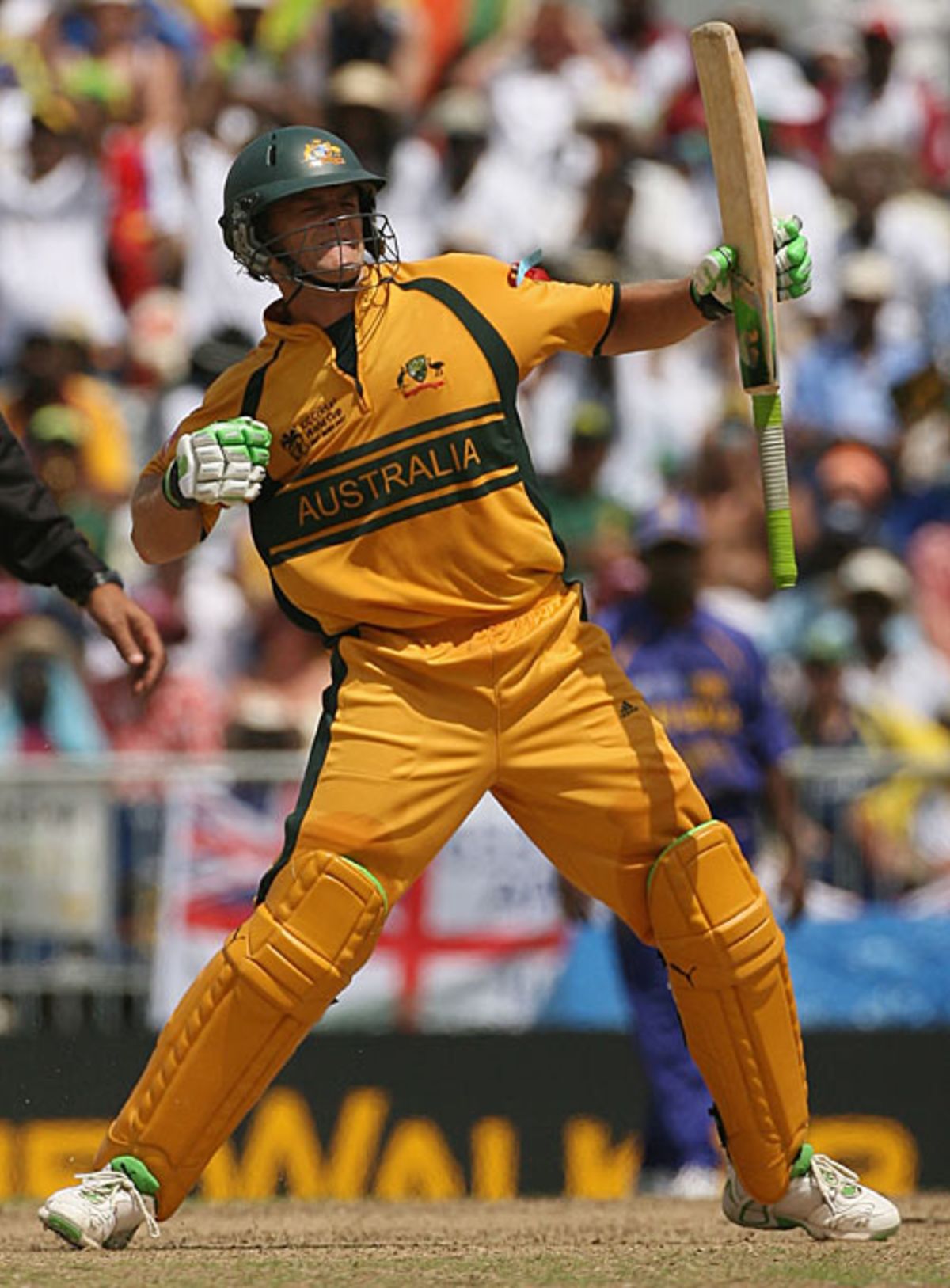 Adam Gilchrist punches the air after reaching his 72-ball hundred in ...