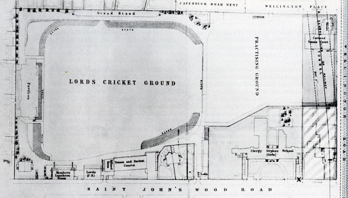 A map of Lord's in 1890 showing the line of the proposed tunnel and the ...