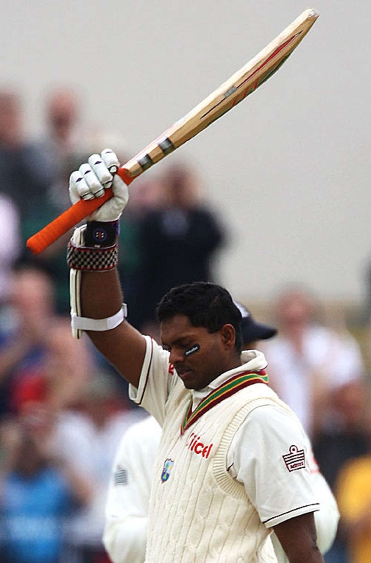 A close-up of Shivnarine Chanderpaul celebrating his hundred against ...