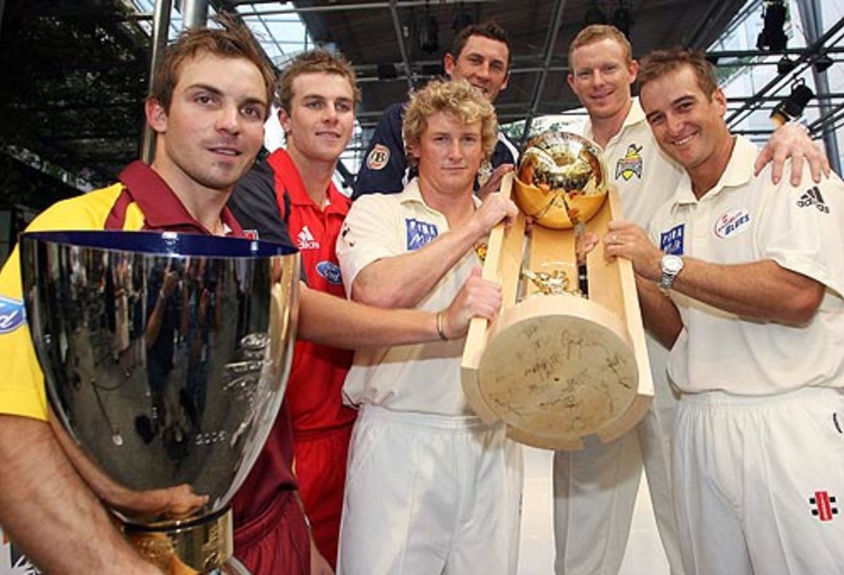 Chris Hartley, Gary Putland, George Bailey, David Hussey, Chris Rogers and Phil Jaques pose with ...