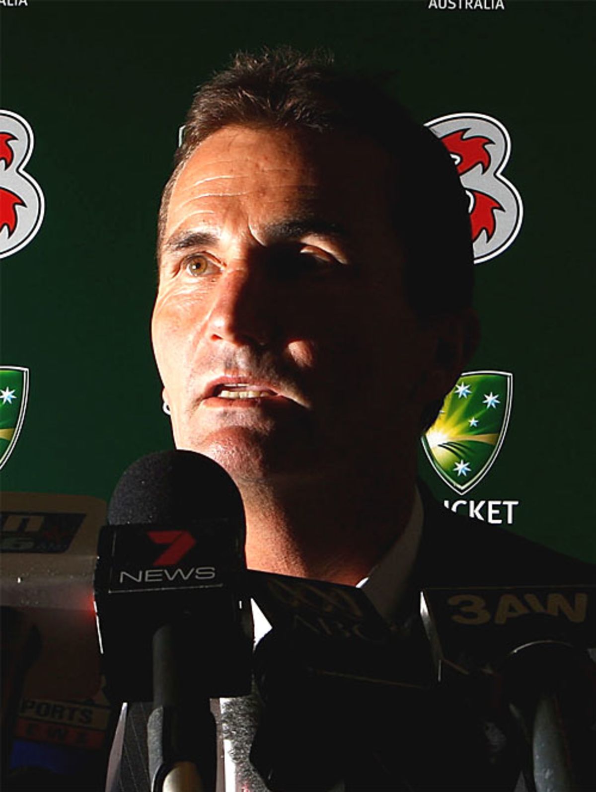 Andrew Hilditch, the chairman of selectors, with a bat which bears the ...