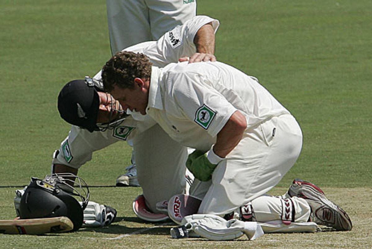 Craig Cumming is floored after being hit on the grill by Dale Steyn ...