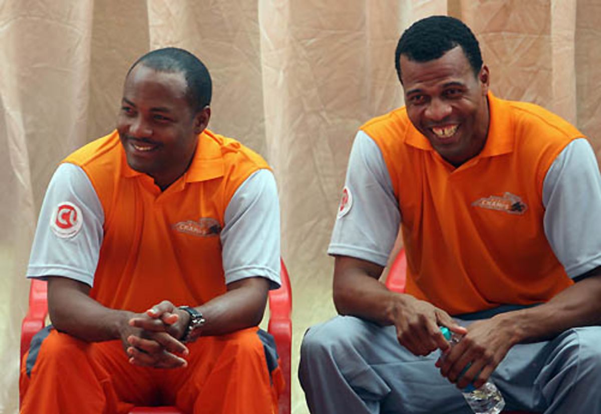 Brian Lara and Mervyn Dillon of the ICL Mumbai Champs address the media ...