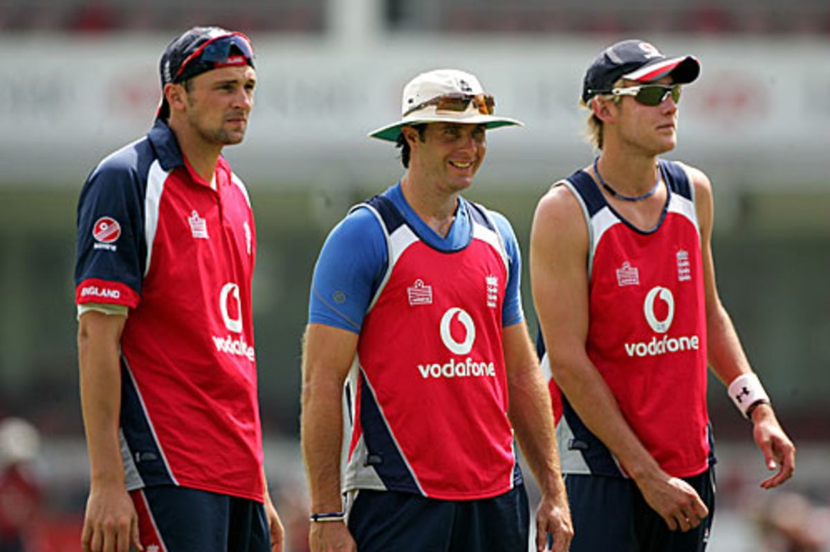 Who will it be? Michael Vaughan is flanked by Steve Harmison and Stuart ...