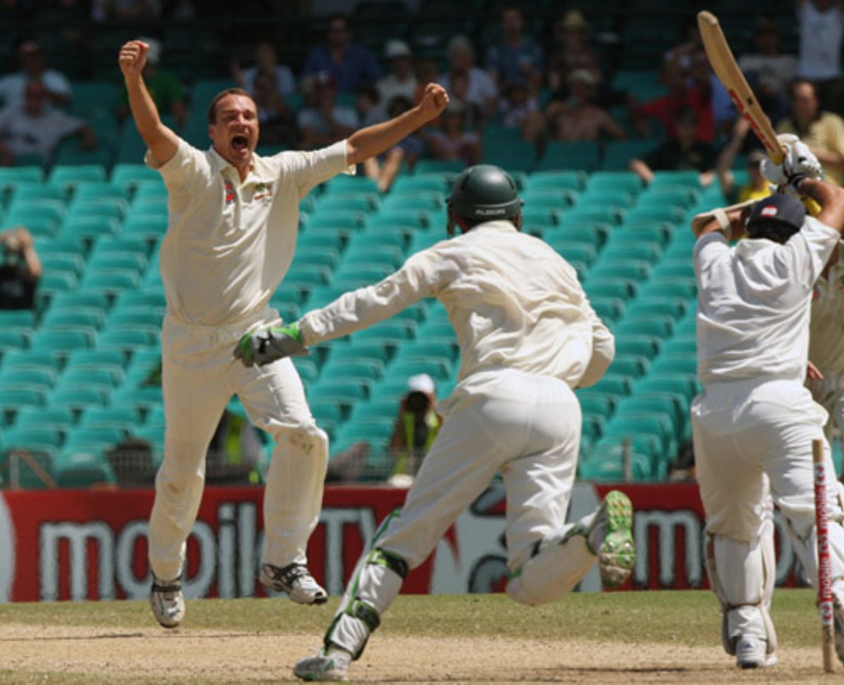 Stuart Clark is delighted after bowling Sachin Tendulkar off the inside ...