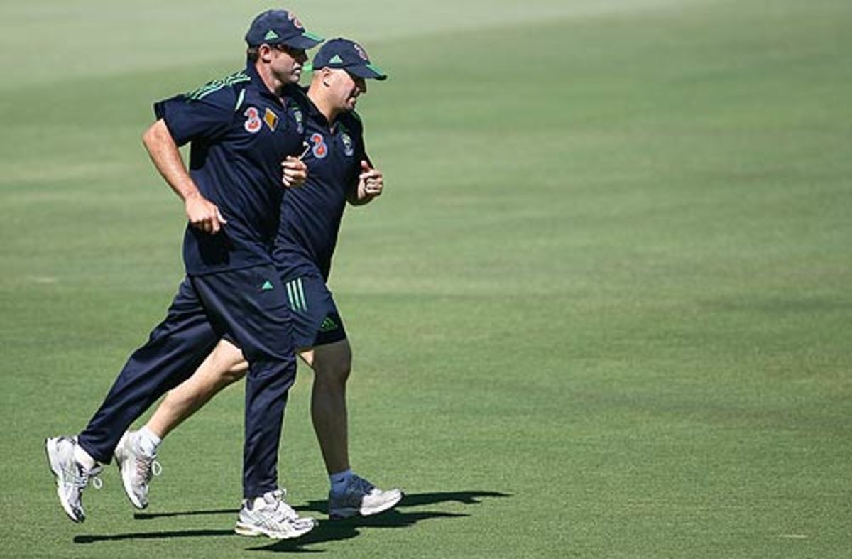Australia's physio Alex Kountouris takes Matthew Hayden for a jog ...