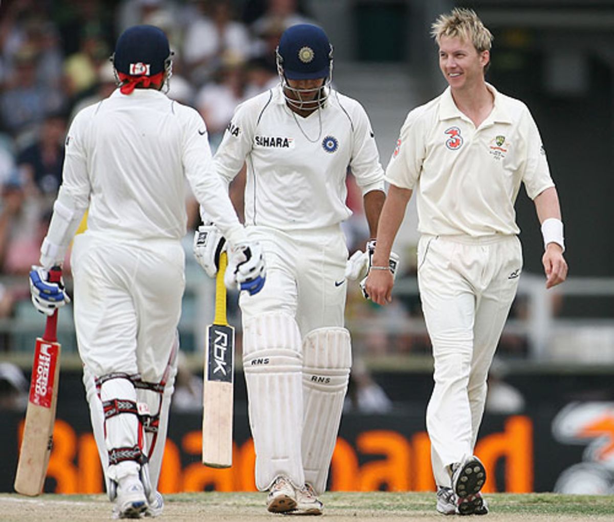 Brett Lee has a friendly chat after bouncing Irfan Pathan ...