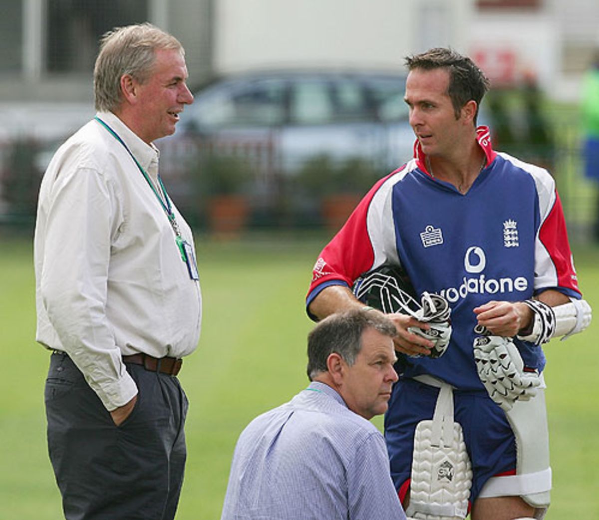 David Graveney, Michael Vaughan and Geoff Miller (seated) during the ...