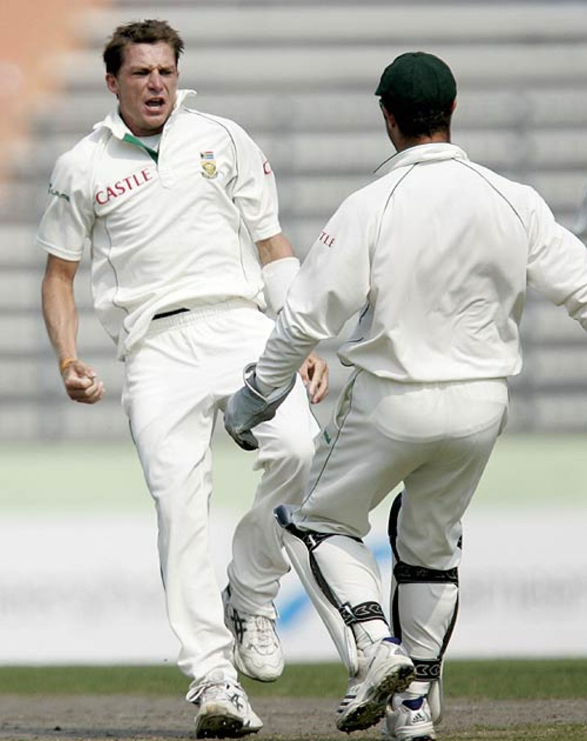 Dale Steyn and Mark Boucher celebrate the fall of Aftab Ahmed ...