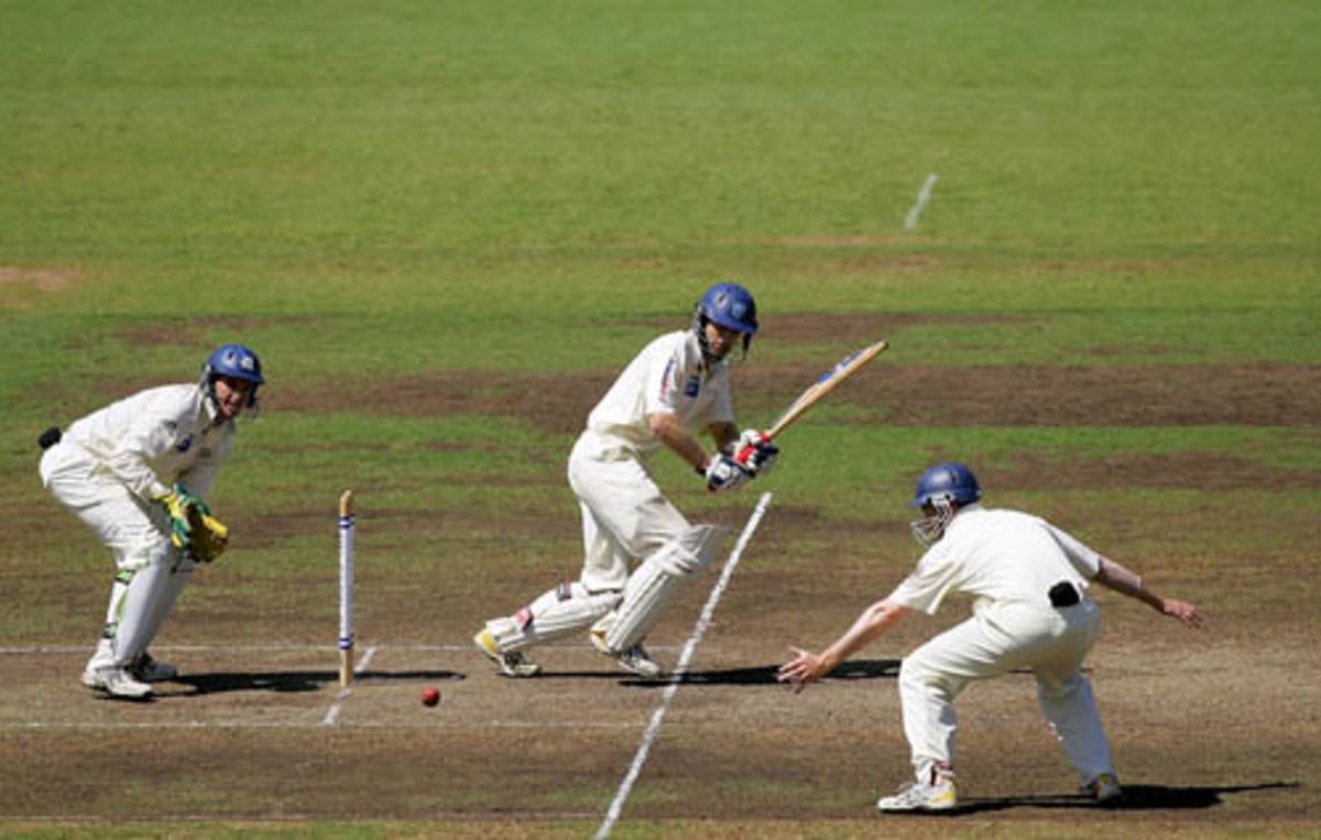 Simon Katich pushes the ball to the leg side during his 92 ...